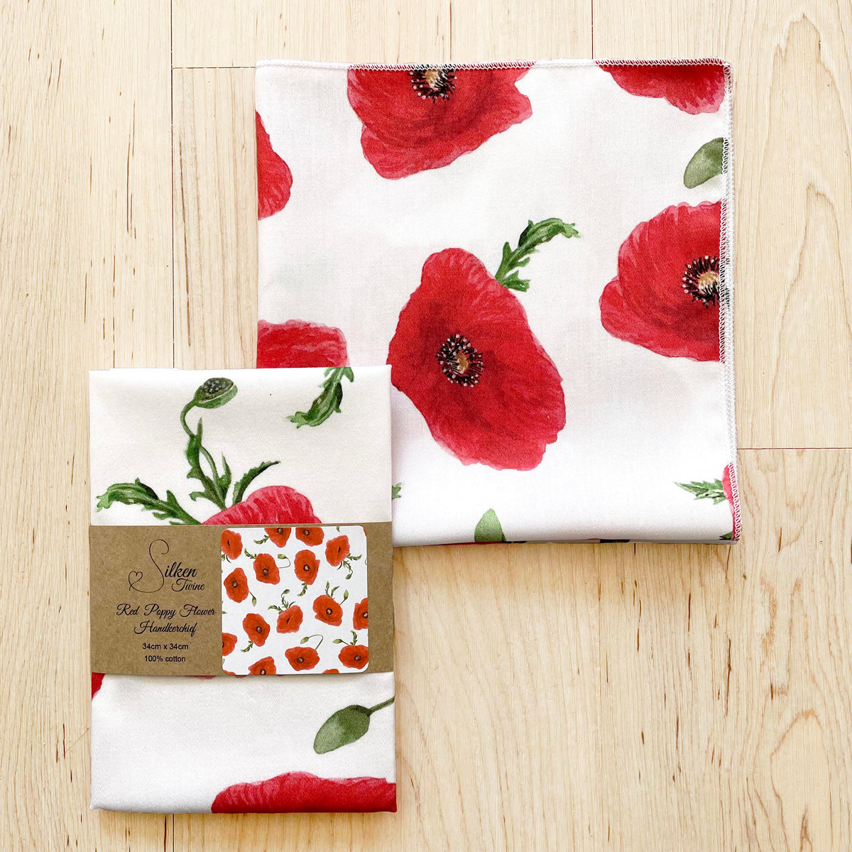 Red Poppy Flower Handkerchief Australian Gift Silken Twine